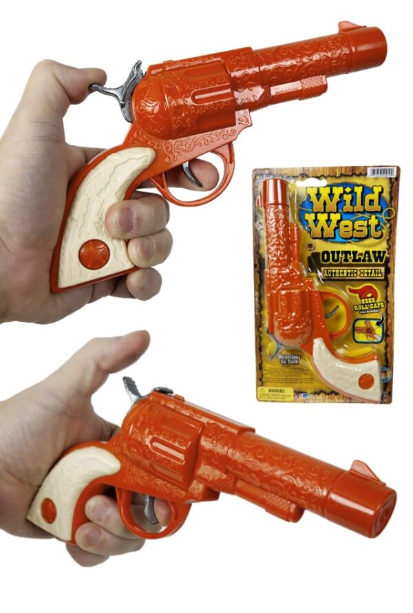 Outlaw Revolver Cap Gun : Orange Plastic : Paper Roll Caps - Tin Toy Arcade